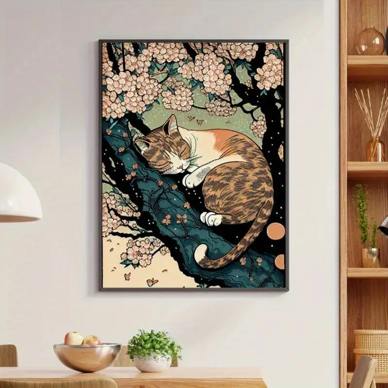 Japanese Ukiyo-e Cat in Tree Canvas Art Print - Indigo Dragon